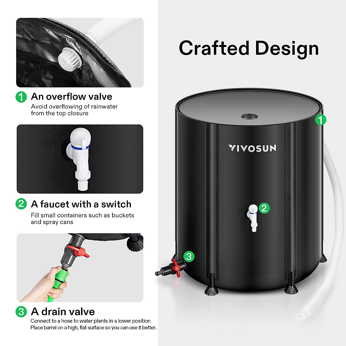 VIVOSUN Collapsible Rain Barrel, 100 Gallon Water Storage Tank with 1000D Oxford Cloth, Portable Rain Collection System includes Two Spigots and Overflow Kit, Black