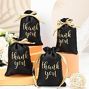 Roowest 100 Pcs Thank You Satin Gift Bags 4 x 6 Inch Drawstring Jewelry Pouches Candy Bag for Wedding Bridal Shower Baby Shower Favor Bags Drawstring Bags for Birthday Holiday Decors (Black)
