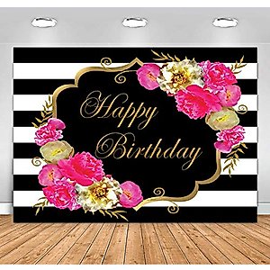 Sensfun 7x5ft Floral Happy Birthday Backdrop for Women Black White Stripes Watercolor Flowers Birthday Photography Background Fabulous 40th 50th 60th Birthday Party Decoration Backdrops