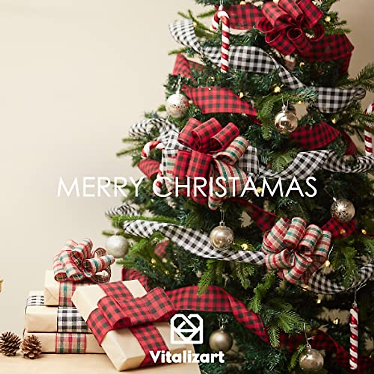 Vitalizart Buffalo Plaid Ribbon Set 2.5" x 30Yd Wired Gingham Ribbon for Christmas Tree Home Decoration Wreath Handmade Crafts Gift Wrapping Bow Making (Black White Red Green)