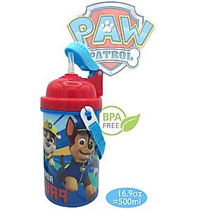Zak Designs Paw Patrol One Touch Button Water Bottles with Reusable Built in Straw, Carrying Strap - Safe Approved BPA Free, Easy to Clean, for Kids Girls Boys, Goodies, Home, Travel
