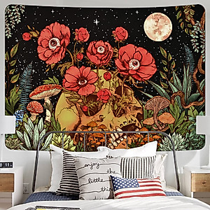 Uspring Skull Floral Tapestry Flowers Skeleton Tapestry Moon Garden Tapestry Mushroom Plants Tapestry Trippy Vintage Tapestry Wall Hanging for Room (59.1 × 82.7 inches)