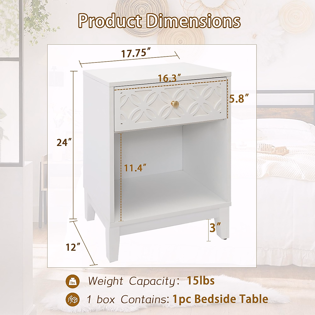 E-SHANHOMY White Nightstand Drawers Modern Side Table for Bedroom,Night Stand End Table with Storage Shelf,Night Tables Wood Nightstand Table Bedroom, 24" H