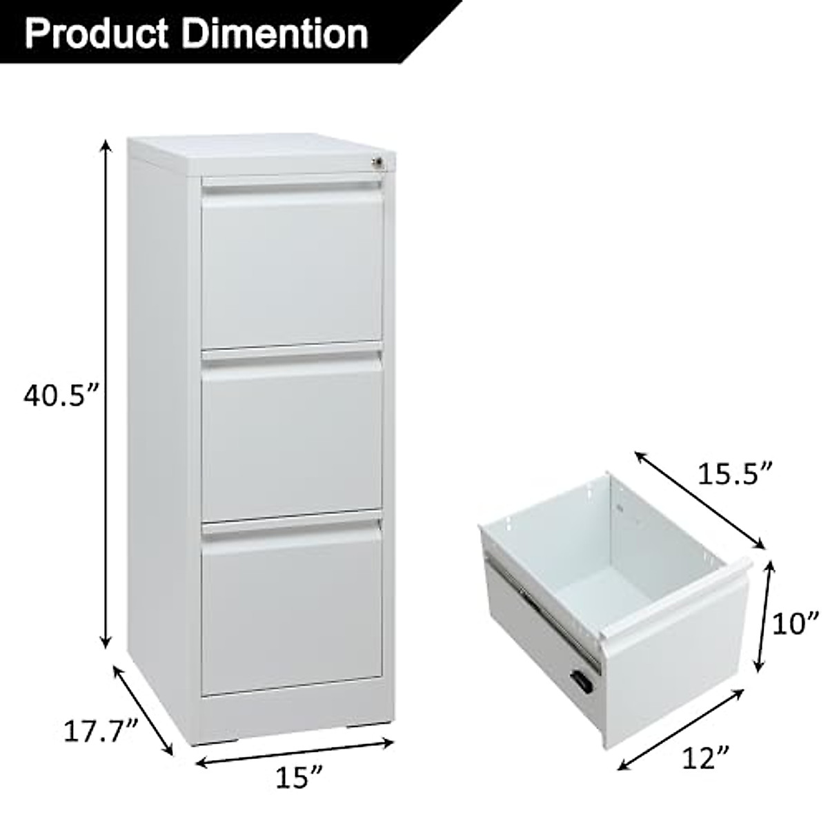 Finnhomy 3 Drawer Vertical File Cabinet with Lock, Metal Filing Cabinets for Home Office, Heavy Duty Storage Cabinet for Hanging Files A4/Letter/Legal with 25 Legal Size folders, Assembly Required
