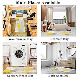 RYANZA 2 Pieces Kitchen Rugs, Abstract Anti Fatigue Non Slip Foam Cushioned Grey and Yellow Art Painting Comfort Indoor Floor Mat Runner Rug Set for Laundry Office Sink Bathroom (17"x48"+17"x24")