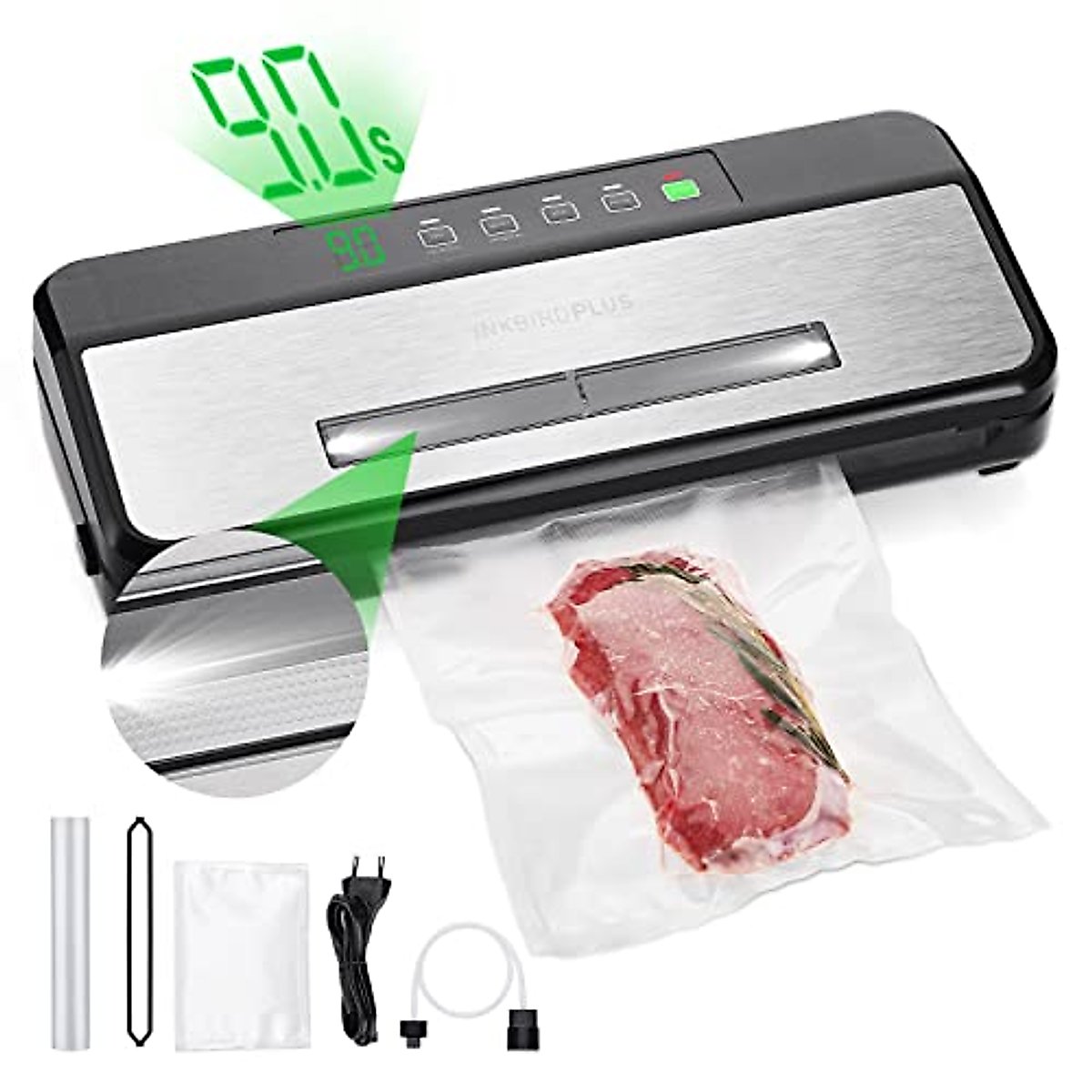 INKBIRD Food Vacuum Sealer Machine, Sealing-Time Countdown& Viewable Window, Automatic Food Sealer, Built-in Cutter and Roll Storage(Up to 20ft), One-Touch Moist Modes for Seasoned Meat, 5-Modes for Daily Need, LED Indicator, Starter Kit with Vacuum Seale