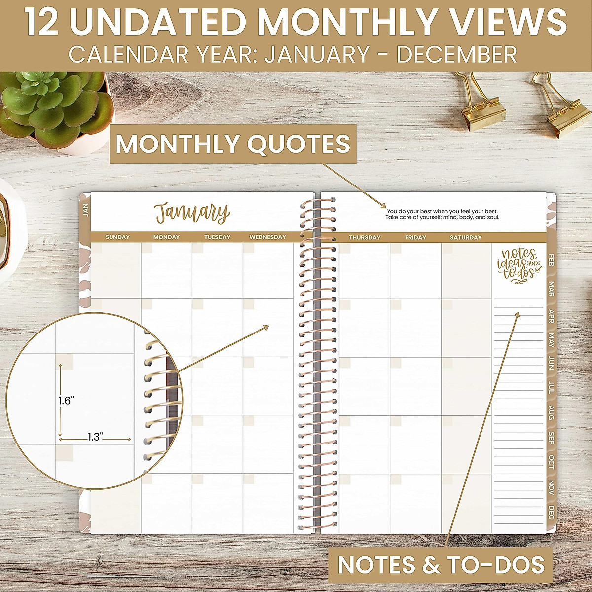 bloom daily planners UNDATED Calendar Year Day Planner - Passion/Goal Organizer - Start Anytime Monthly/Weekly Agenda Book with Tabs (January to December) - 5.5" x 8.25" - Tan Leopard
