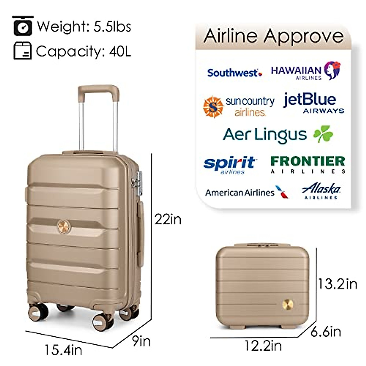Somago 2 Piece Luggage Set Carry On Suitcase 20 INCH Lightweight Hard Shell PP Suitcase with TSA Lock Spinner Wheel 22x14x9 Airline Approved (Noble Golden)