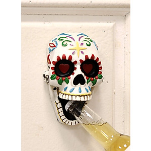 Ebros Gift Day of The Dead White Colorful Floral Exotic Mexican Sugar Skull Wall Mounted Bottle Opener Home And Kitchen Bar Accessory Figurine
