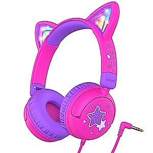 iClever Kids Headphones Cat Ear, LED Light Up, 85dBA Safe Volume, Stereo Sound Toddler Headphones for Travel School, Foldable 3.5mm Wired Kids Headphones for iPad Tablets, Meow Lollipop-Hot Pink