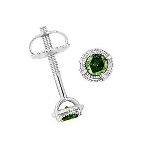 .925 Sterling Silver 1/4 cttw Treated Green Diamond Modern 4-Prong Solitaire Milgrain Stud Earrings (Green Color, I1-I2 Clarity)
