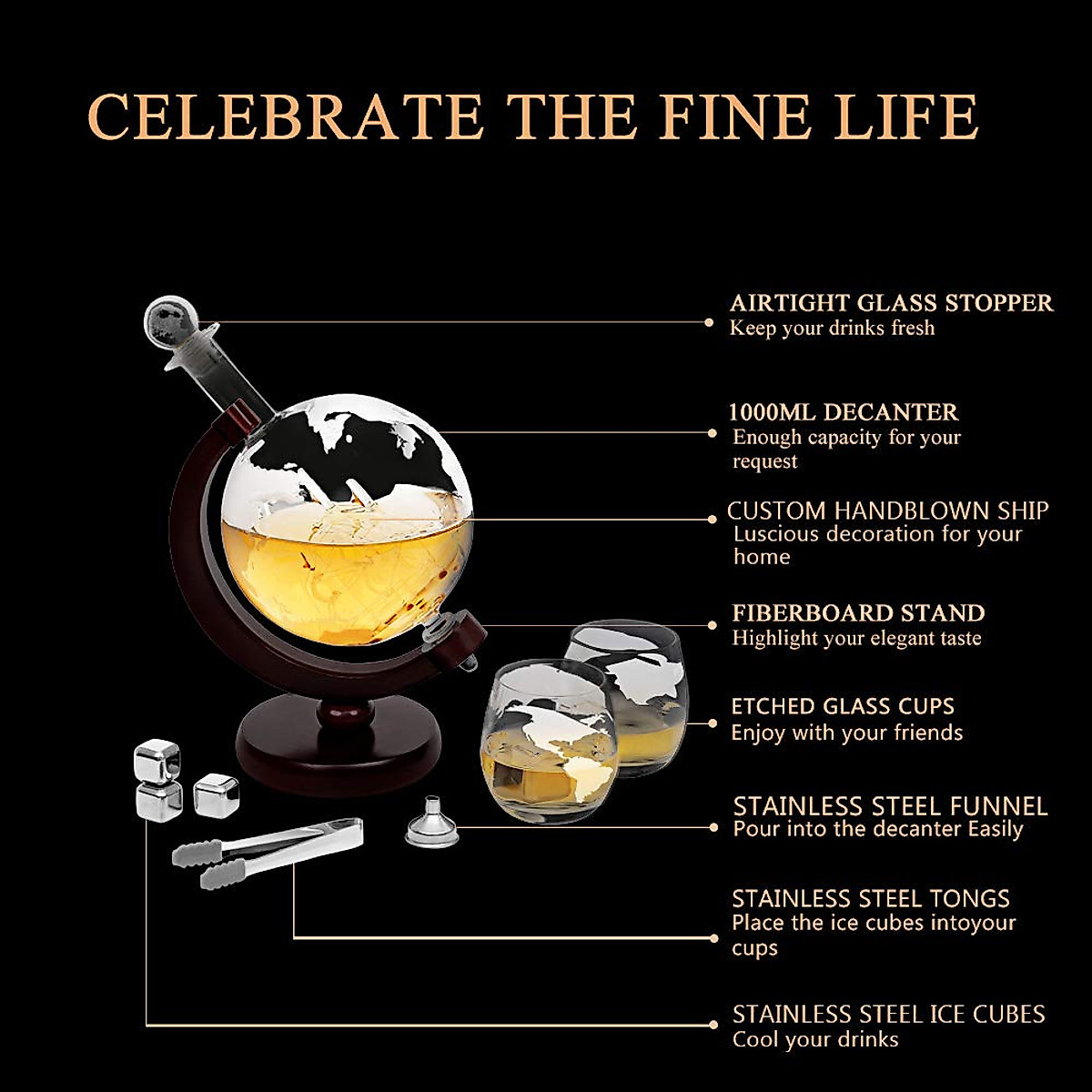Whiskey Decanter Set, Etched World Globe, Crafted Glass Sailing Shipe, 1000ml Capacity, Ice Tongs, Whiskey Stones, Home Bar Liquor Decoration, Alcohol Gifts for Father& Husband