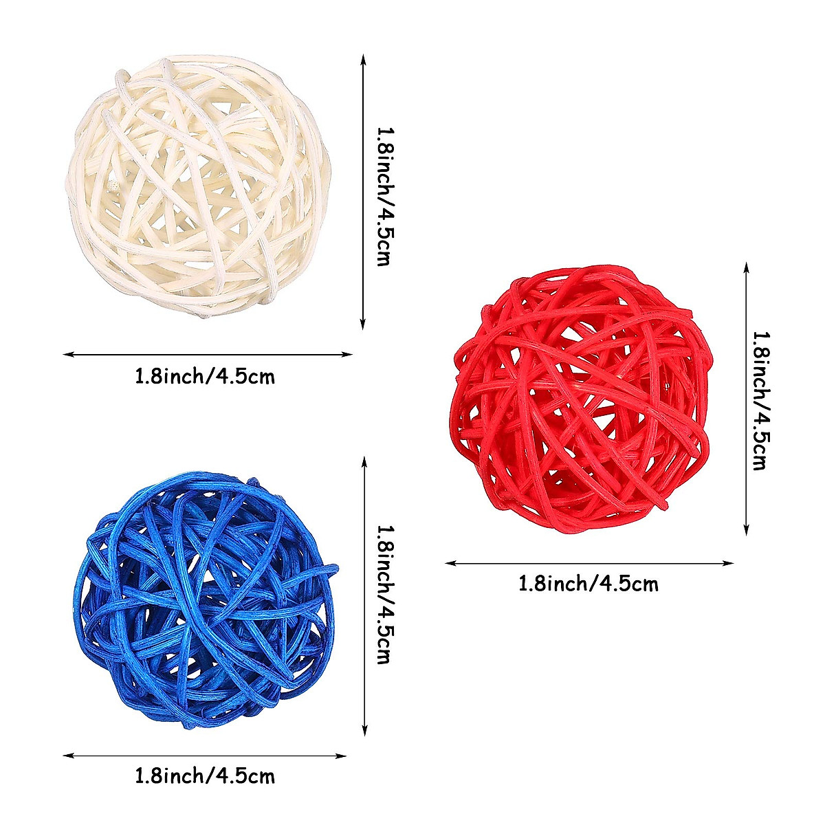 15 Pieces 1.8 inch 4th of July Wicker Rattan Balls Patriotic White Blue Red Decorative Ball Vase Bowl Fillers Natural Sphere Orbs Table Decoration for Independence Memorial Day Home Garden Party Decor