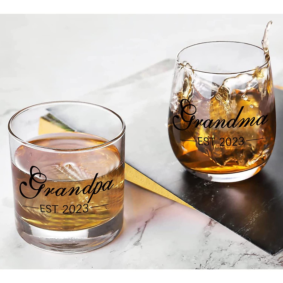 axqania Grandpa Grandma Wine Glass Set - 2023 11 oz Whiskey Glass Gift Set, Announcement Whiskey Glass Set Promoted to Grandma & Grandpa