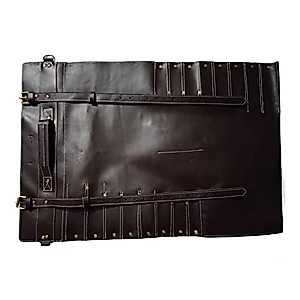 Professional Chef Genuine Premium Cowhide Leather Chef Knife Bag/Knife Roll 16 Pockets Space #F15 (Dark Brown)