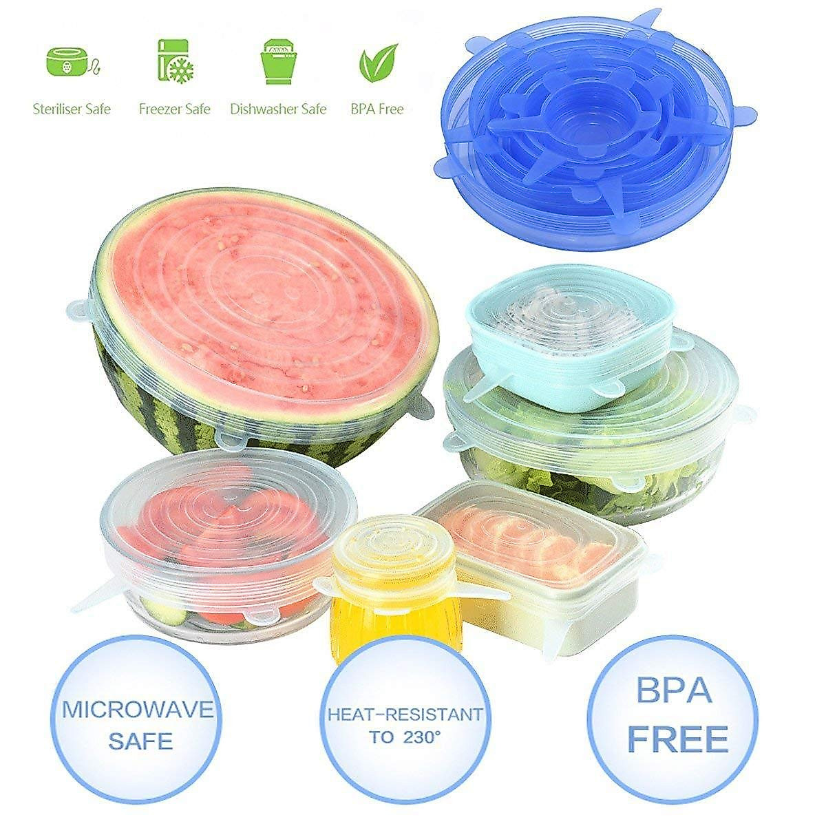 Reusable Silicone Stretch Lids, 12 Silicone Lids, 6 Different Circular Sizes, 6 Different Rectangular Sizes, Flexible Silicone Lids for Bowls, Tupperware, Food, Freezer Safe,adjustable.