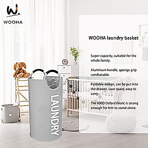WOOHA 90L Large laundry basket,Collapsible laundry hamper, Tall Clothes Baskets Folding Washing Bin Foldable Fabric Hamper Bags for Bedroom, Closet,Bathroom,College,laundry bag, lightgrey