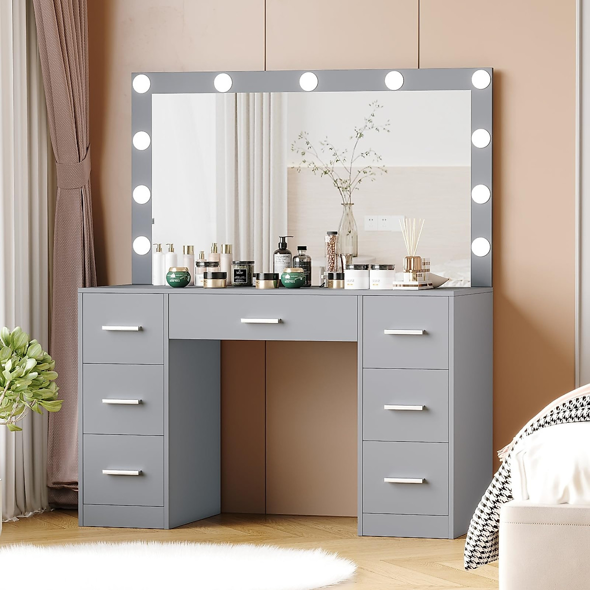 Irontar Vanity Table, Makeup Table with Lighted Mirror, 3 Color Lighting Modes, Brightness Adjustable, Dressing Table with Drawers, Vanity Desk for Women, Gray