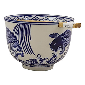 Ebros Ming Style Zen Blue White Koi Fishes By Waterfall Ramen Udong Noodles 5" Diameter Bowl With Built In Chopsticks Rest and Bamboo Chopstick Set for Dining Soup Rice Meal Cereal Bowls Decor Kitchen