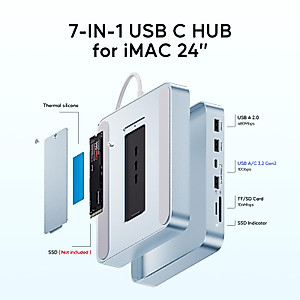 USB C HUB for iMac 24 inch 2021/2023, PULWTOP 7 in 1 USB Hub Adapter iMac Accessories for iMac M1/M3/M4 with USB C 10Gbps 3*USB A SD/TF, Docking Station Support Expand M.2 SSD (Not Included),Blue