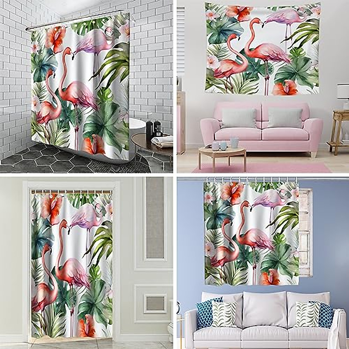 TheBlackSpot Flamingo Shower Curtain Sets Tropical Birds Summer Floral Palm Leaves Bath Curtains Christmas Decor Sets Grommet with Hooks 72W × 72H inches