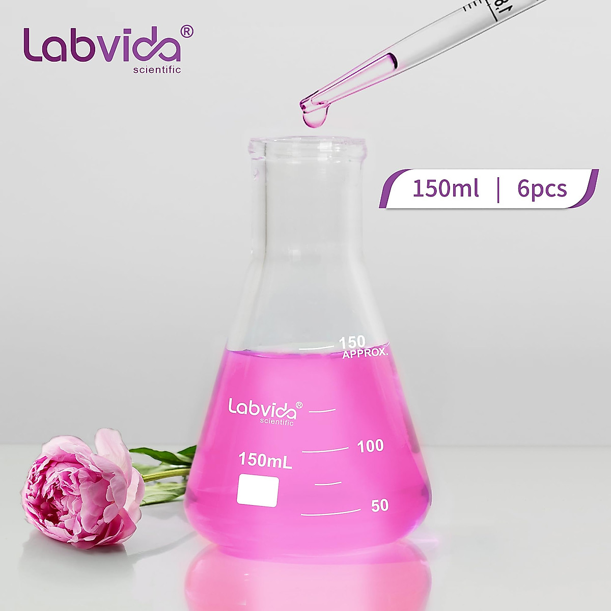Labvida 6pcs of Narrow Mouth Glass Erlenmeyer Flasks, Vol.150ml, 3.3 Borocilicate with Printed Graduation, LVC002