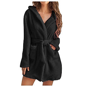 Fuzzy Robe for Women Mid Length Bathrobe Belted Solid Color Plush Kimono Robe with Pockets Soft Winter Spa Robes Black