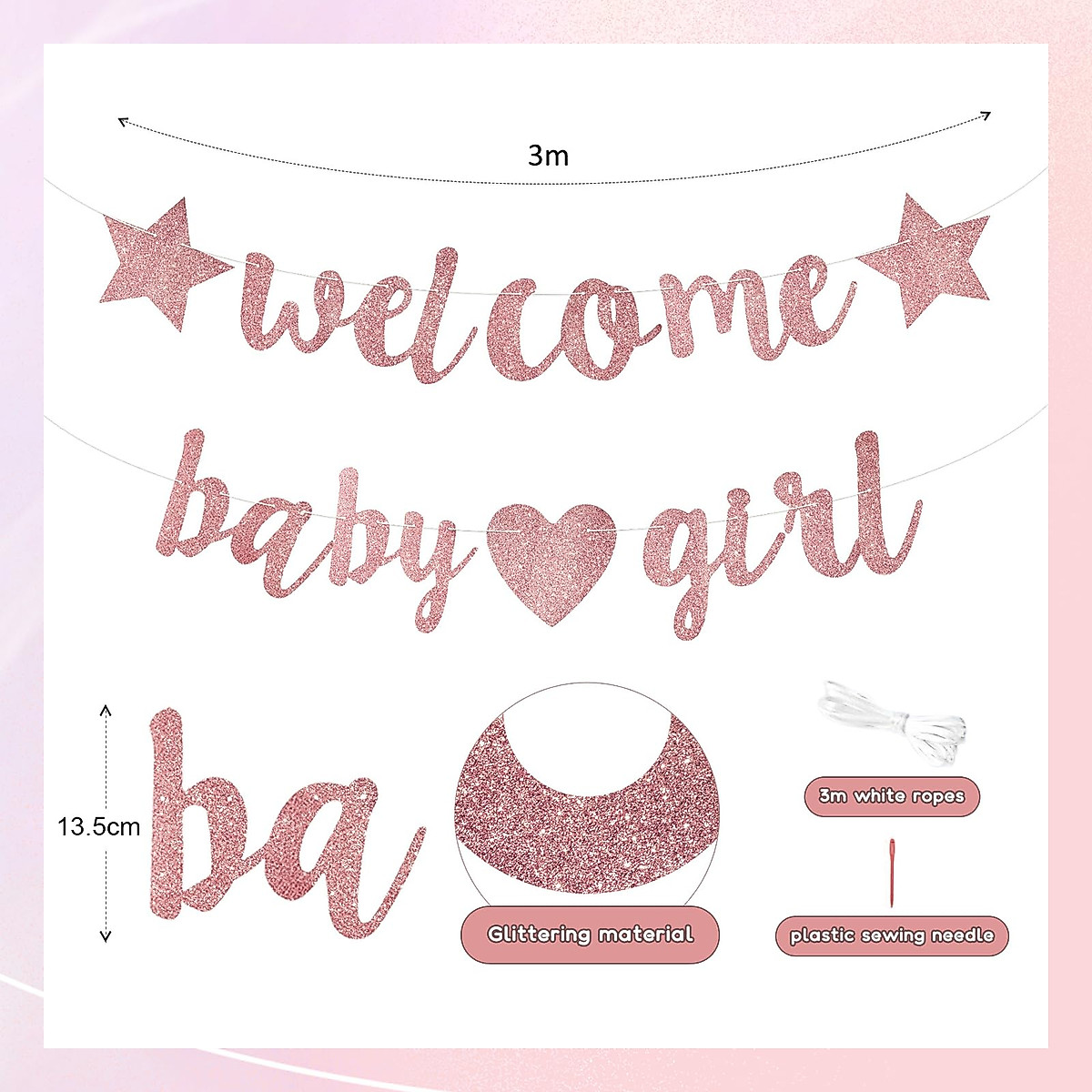Baby Shower Decorations for Girl, 3M Long Baby Girl Banner, Welcome Banner, Pink Baby Shower Banner for Gender Reveal Party (Pink)