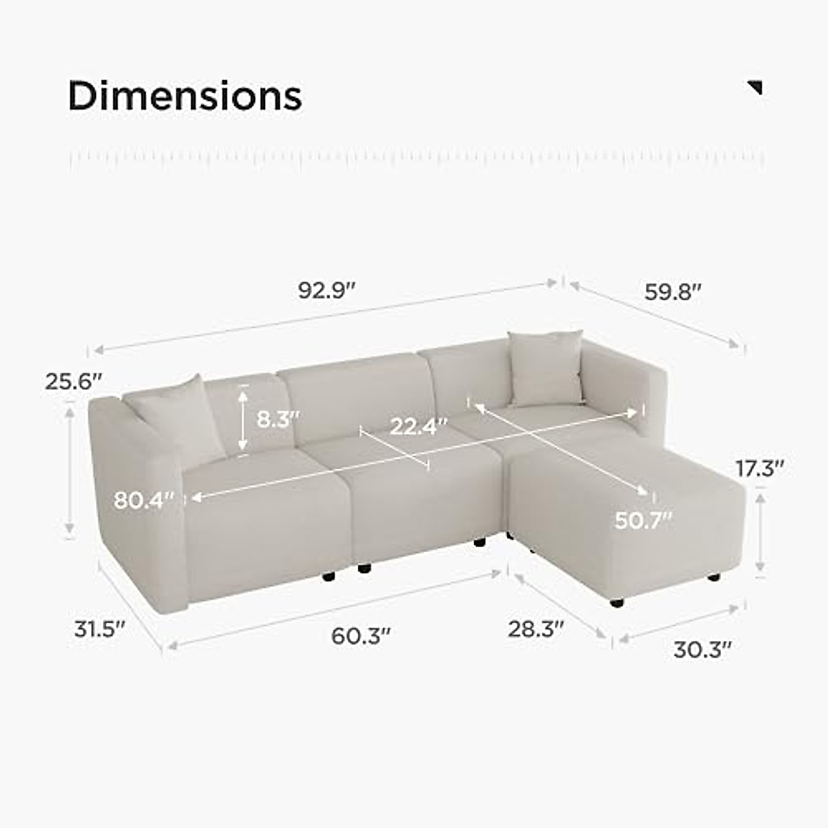 Acanva Modern Small Space Sectional Sofa Set, Linen-Like Fabric Couch, L-Shape - Cream