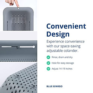 BLUE GINKGO Over the Sink Colander Strainer Basket - Wash Vegetables and Fruits, Drain Cooked Pasta and Dry Dishes - Extendable - New Home Kitchen Essentials (7.9 W x 14.5-19.5 L x 2.75 H) - Gray