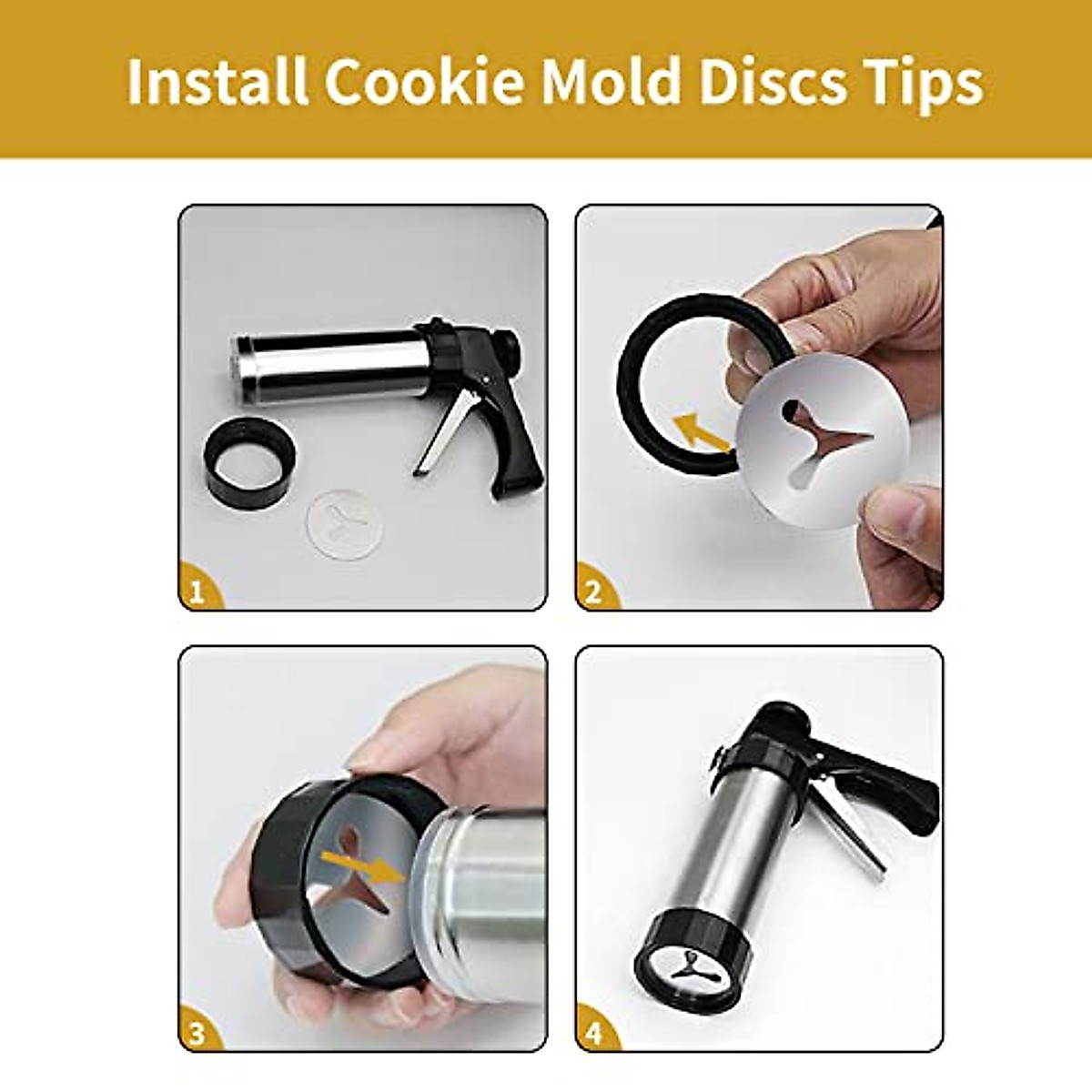 JAZORR Cookie Press,Stainless Steel Cookie Press Gun Kit with 13 Cookie Mold Discs 8 Piping Nozzles for DIY Biscuit Maker and Cake Decorating Tool (Black,with Cleaning Brush)