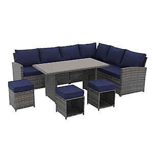 JOIVI 7 Piece Patio Furniture Set, Outdoor Dining Sectional Sofa Set with Aluminum Top Dining Table, Rattan Dining Conversation Furniture Set with Ottomans for Deck, Backyard, Navy Blue
