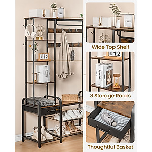 Hzuaneri Hall Tree, Coat Rack with 3-Tier Storage Bench and 1 Drawer, 5-in-1 Entryway Bench with 17 Hooks, 1 Hanging Rod, 4-Tier Side Shelves, Rustic Brown HT03501B