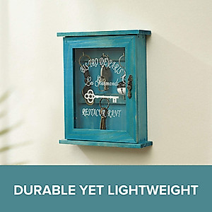Glass Wooden Box Key Holder for Wall with 6 Hooks - 8.27" x 9.84" x 2.36" Entryway Storage Cabinet - Rustic Decor & Floating Shelf - Key Rings & Mail Organizer Wall Shelf - Vintage Wall Decor - Aqua
