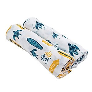 Bebe au Lait Oh So Soft Muslin Swaddle Blanket Set, Soft Muslin Design, Stylish Pattern - Surf and Sea Turtles , 47x47 Inch (Pack of 2)