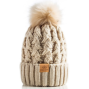 PAGE ONE Womens Winter Ribbed Beanie Crossed Cap Chunky Cable Knit Pompom Soft Warm Hat Beige