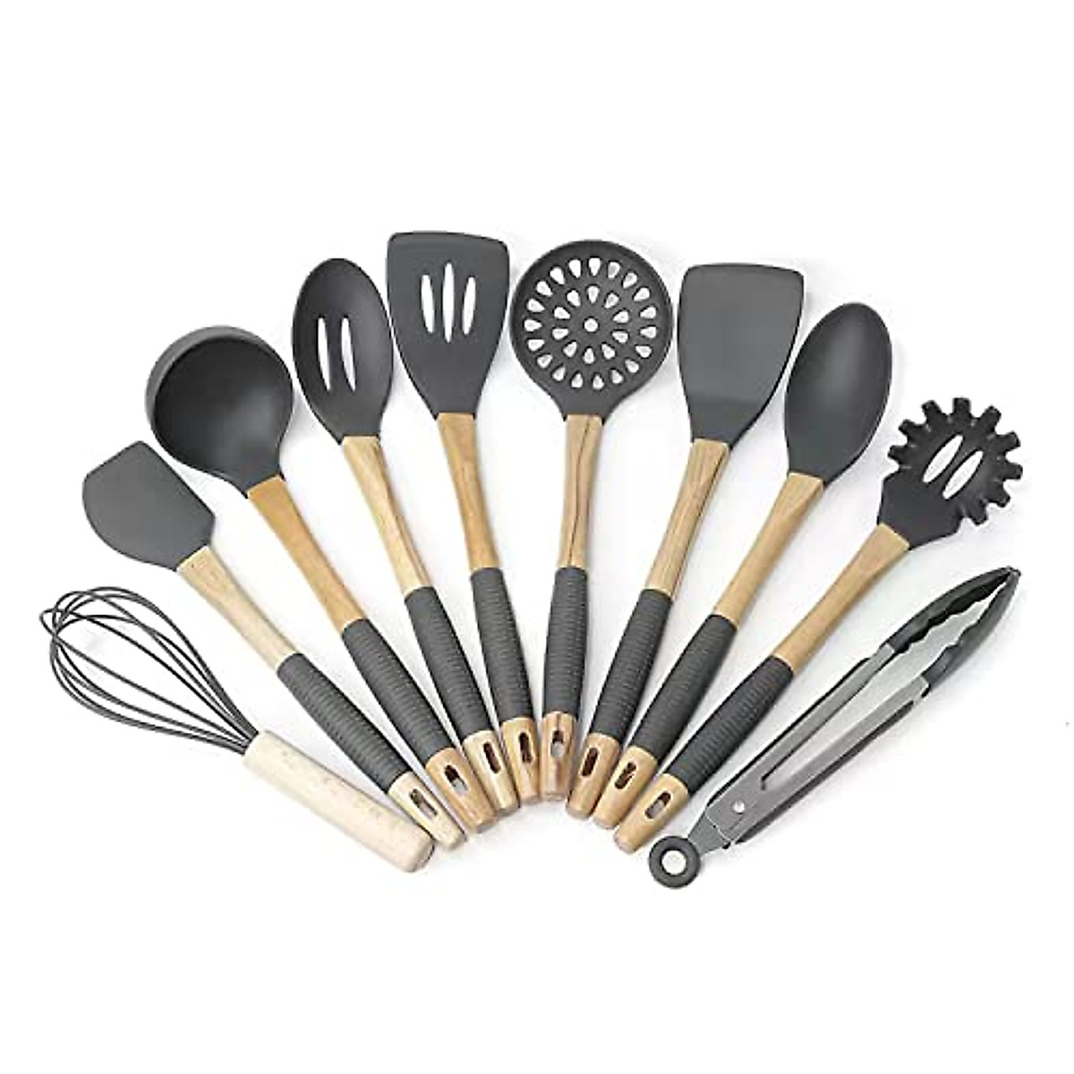RANIT 10 pieces of silicone kitchenware Set,Wooden handle Non-stick pot cooking tool set,Kitchen Utensils Household Cooking Spoon Shovel Kitchenware Set (Gray)