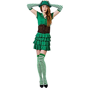 Blulu St Patrick's Day Knee High Socks Green Striped Fingerless Gloves Irish Arm Warmers
