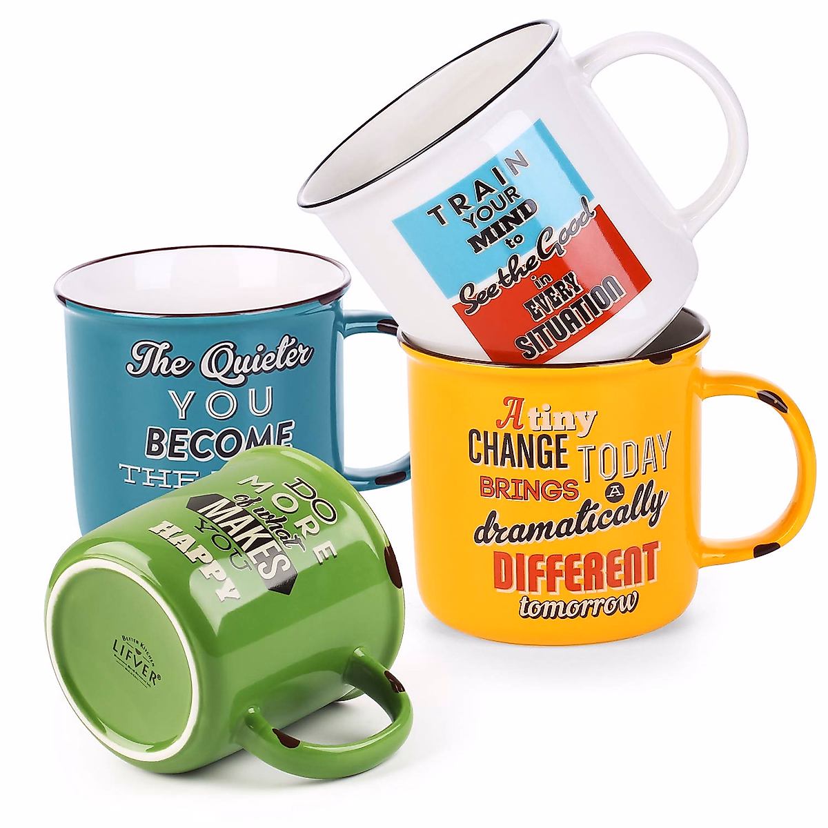 LIFVER 18 oz Coffee Mugs Set of 4, Large Ceramic Soup Mugs for Coffee, Tea, Retro Style Funny Coffee Mugs with Saying, Housewarming Christmas Gifts, White Elephant Gifts for Adults