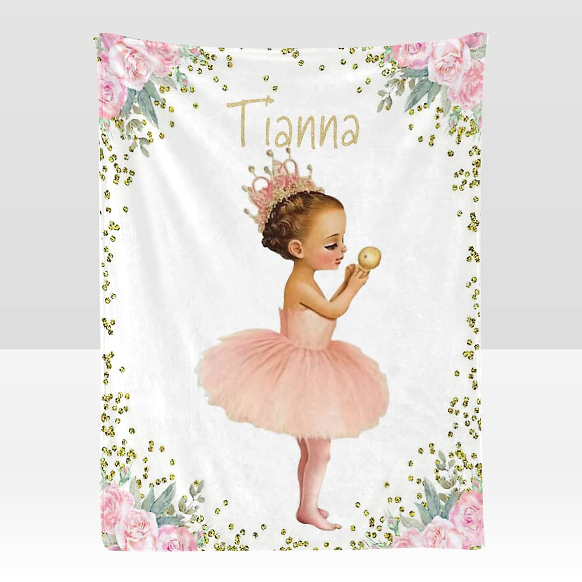 XOZOTY Personalized Cute Golden Hat Girl Pink Flowers Baby Blanket with Name Custom Baby Nursery Throw Fleece Blankets for Boys and Girls Birthday Tapestry 30 X 40inch