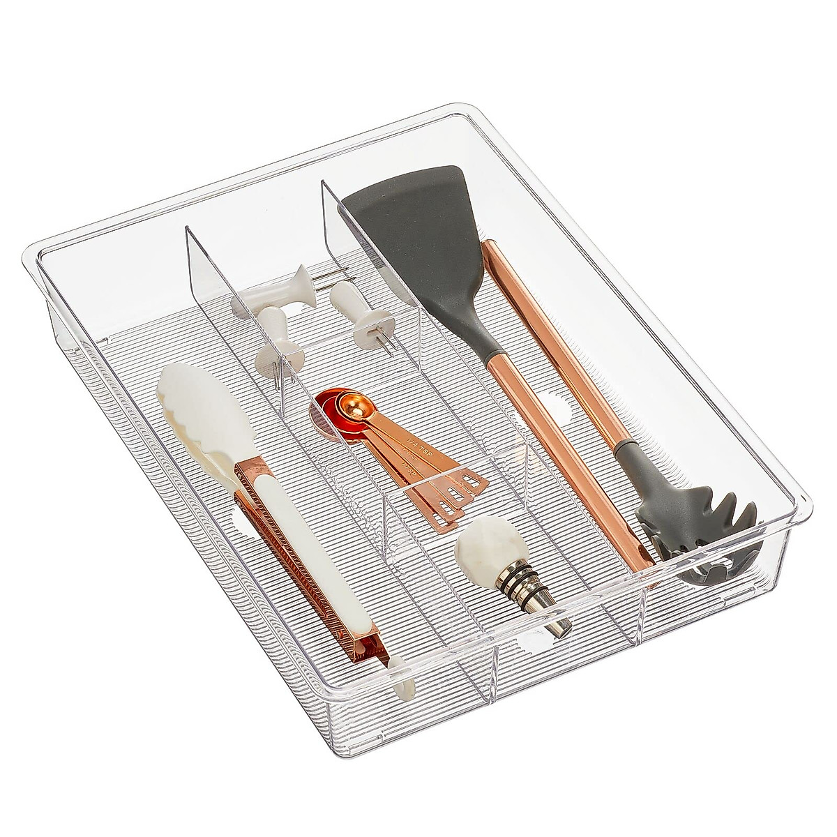 mDesign Adjustable, Expandable Plastic In-Drawer Utensil Organizer Tray Deep 3 Section Divided for Kitchen Organization; Holds Cutlery, Flatware, Silverware, Cooking Utensils, Ligne Collection, Clear