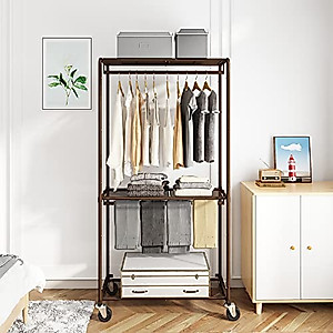 Simple Trending Clothes Garment Rack, Heavy Duty Commercial Grade Clothing Rolling Rack on Wheels and Bottom Shelves, Holds up to 300 lbs, Bronze
