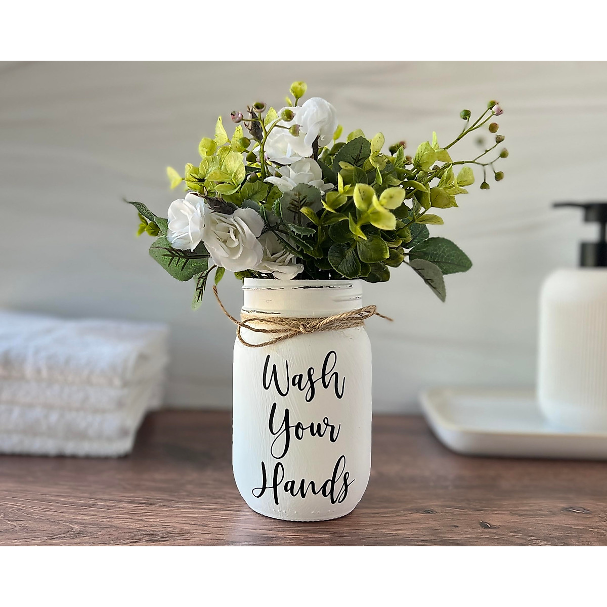 Wash Your Hands Mason Jar, Hand Painted and Distressed Mason Jar Decor, Pint 16 oz. Regular Mouth White Mason Jar, Artificial Flower Arrangement, Rustic Farmhouse Mason Jar Bathroom Decor for Shelf