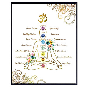 Chakras Meditation Decor - Zen Buddhism Wall Art - Spa Decor, Bedroom, Living Room, Bathroom - Yoga Namaste Poster Print - Gold White Lotus Flower Mandala - Gift for Buddhist, New Age Women
