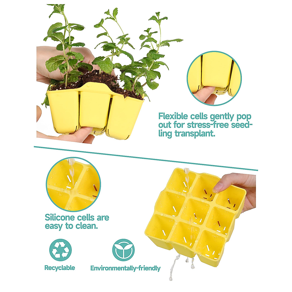 LUVCOSY 4 Packs Silicone Seed Starter Tray, Colorful Seedling Starter Trays Fit Up to 10" 10" Planting Tray, BPA-Free & Dishwasher Safe, Indoor Reusable Seedling Grow Kit for Vegetable, Flower, Herb