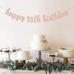 INNORU Glitter Happy 15th Birthday Banner - Cheers to 15 Years Funny Birthday Party Bunting Decorations Rose Gold