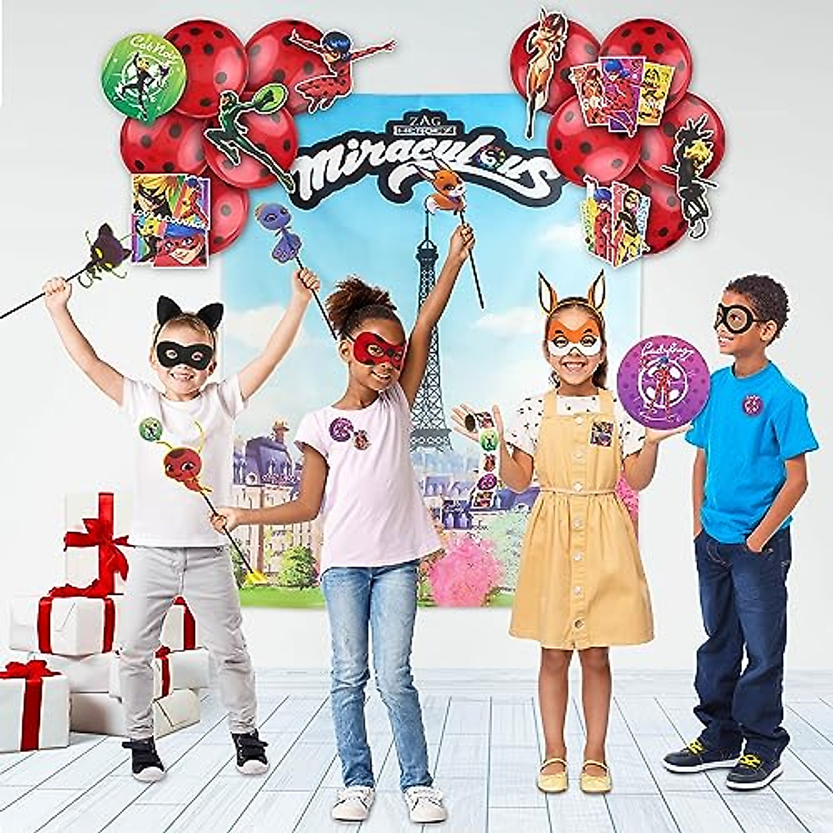 Miraculous 50-Piece Mega Party Pack - All-In-One Party Box For Zag Heroez Themed Birthday Party, Ladybug Party In A Box Celebration Kit, Backdrop and Party Props For Kids Birthday Party