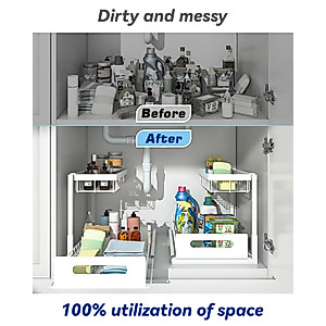 Merrylun Under Sink Organizers, 2 Pack Metal Pull Out Under Sink Organizers and Storage Shelves with Sliding Drawer, Under Sink Storage for Kitchen, Bathroom, White, 2 Pack…