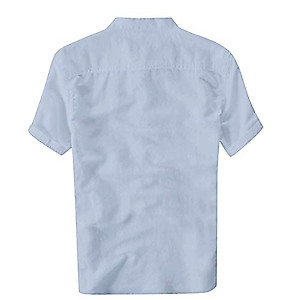YOMXL Cotton T-Shirt Men's Solid Color Stand Collar Short Sleeve Tops Summer Button Front Tee T Shirts Blue