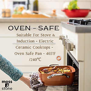 Moss & Stone 5 Pcs Copper Chef Cookware Set, 9.5” Non Stick Deep Frying Pan, Fry Basket, Steamer Rack, Dishwasher & Oven Safe, 5 Quart Deep Square Pan, Induction Copper Cookware Set - 9.5"x3.5"